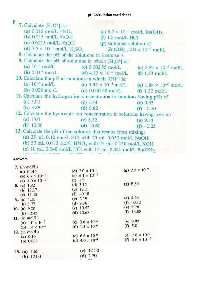PH Calculation Worksheet | PDF