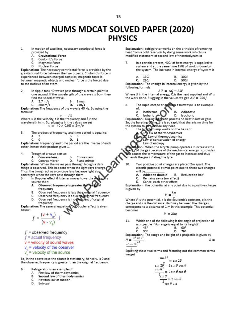 Mdcat Solved Past Paper 2020 Paklearningspot Watermark | PDF