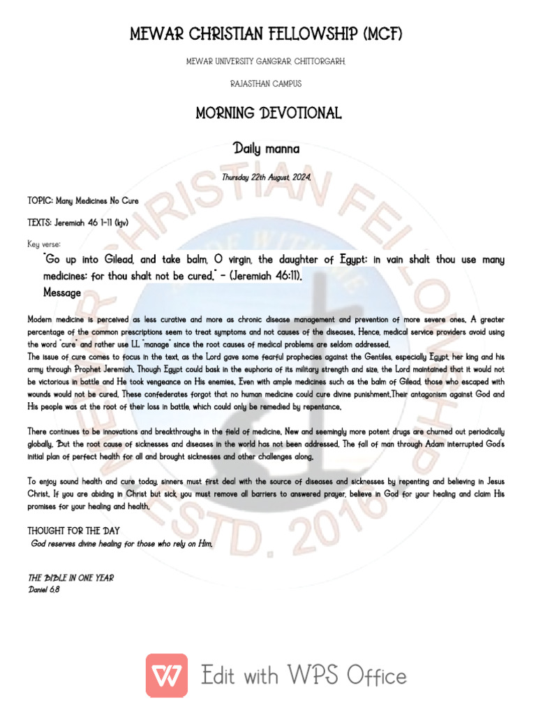 22th Aug 2024 Devotional Guide | PDF | Jesus | Faith Healing