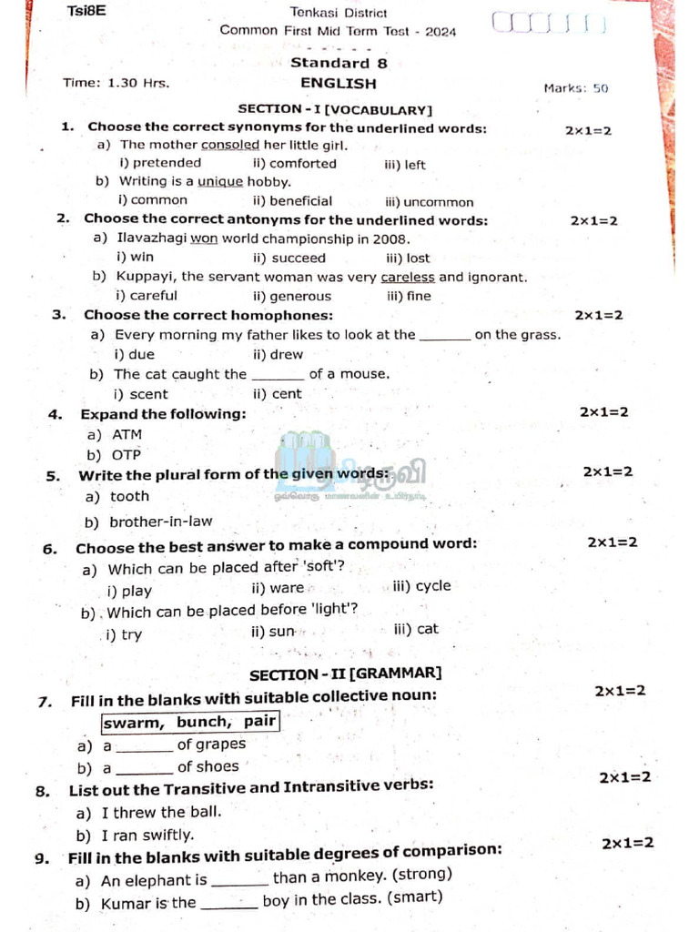 8th English First Mid Term Question Paper 2024 Tenkasi District | PDF