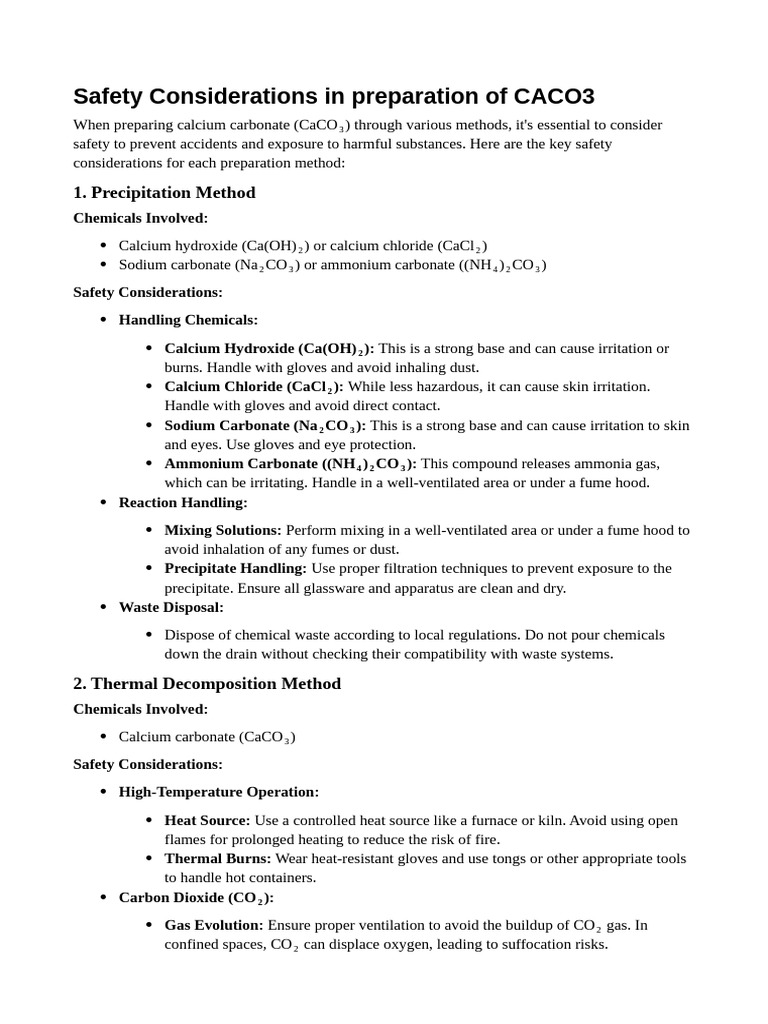 Safety Considerations in Preparation of CACO3 | PDF