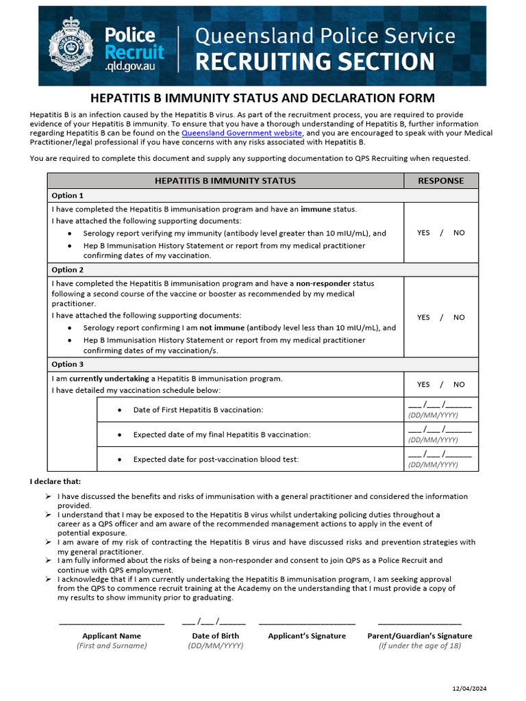 Hepatitis B Immunity Status and Declaration Form 20240413 | PDF