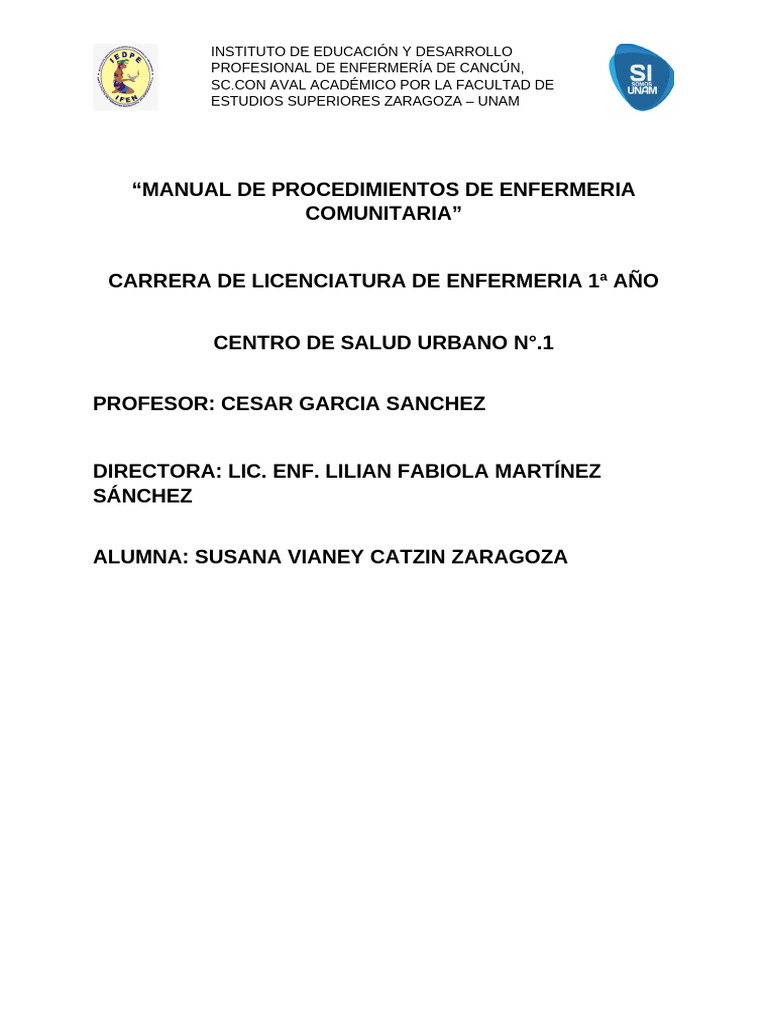 Manual de Procedimientos de Enfermeria Comunitaria-Susana Vianey Catzin Zaragoza | PDF