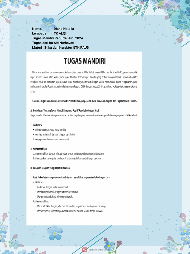 Nama: Diana Natalia Lembaga: TK ALQI Tugas Mandiri Rabu 26 Juni 2024 Tugas Dari Bu Siti ...