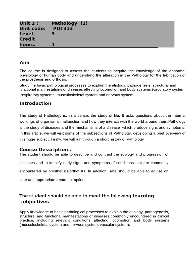 Pathology 2 Learning Outcomes and Assessment Criteria | PDF