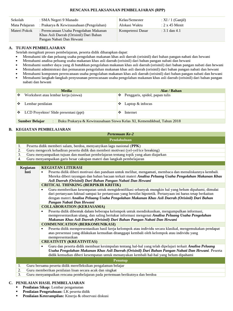 1.2 RPP I PKWU (Pengolahan) XI | PDF
