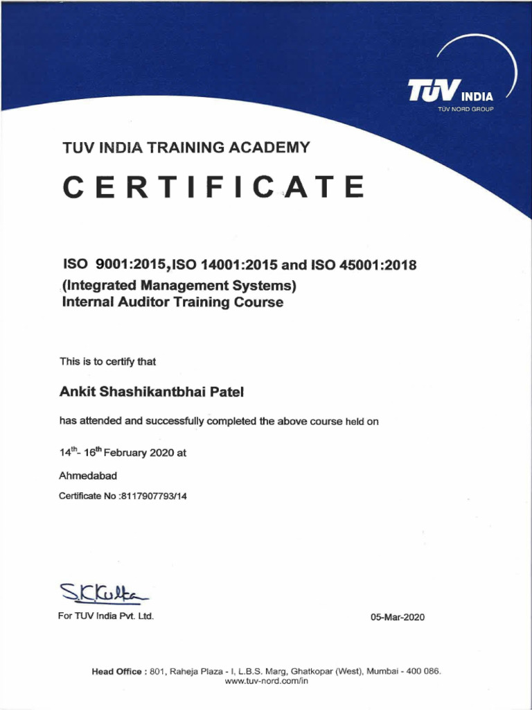 IMS - Internal Auditor Certificate | PDF