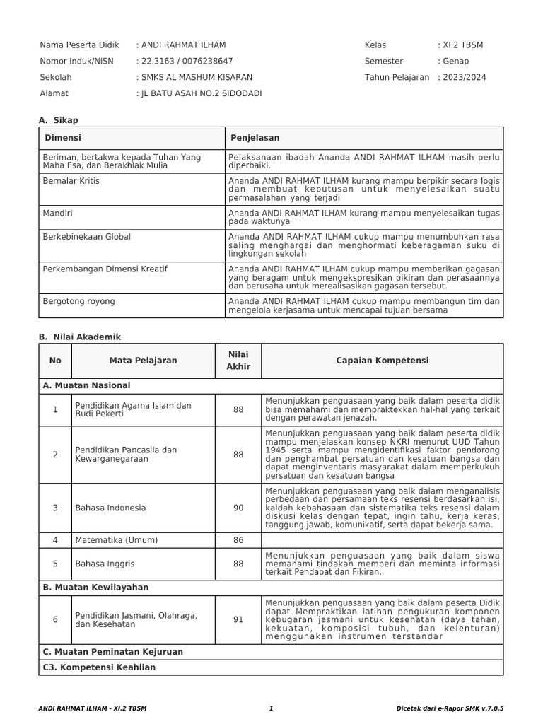 RAPOR ANDI RAHMAT ILHAM - XI.2 TBSM | PDF