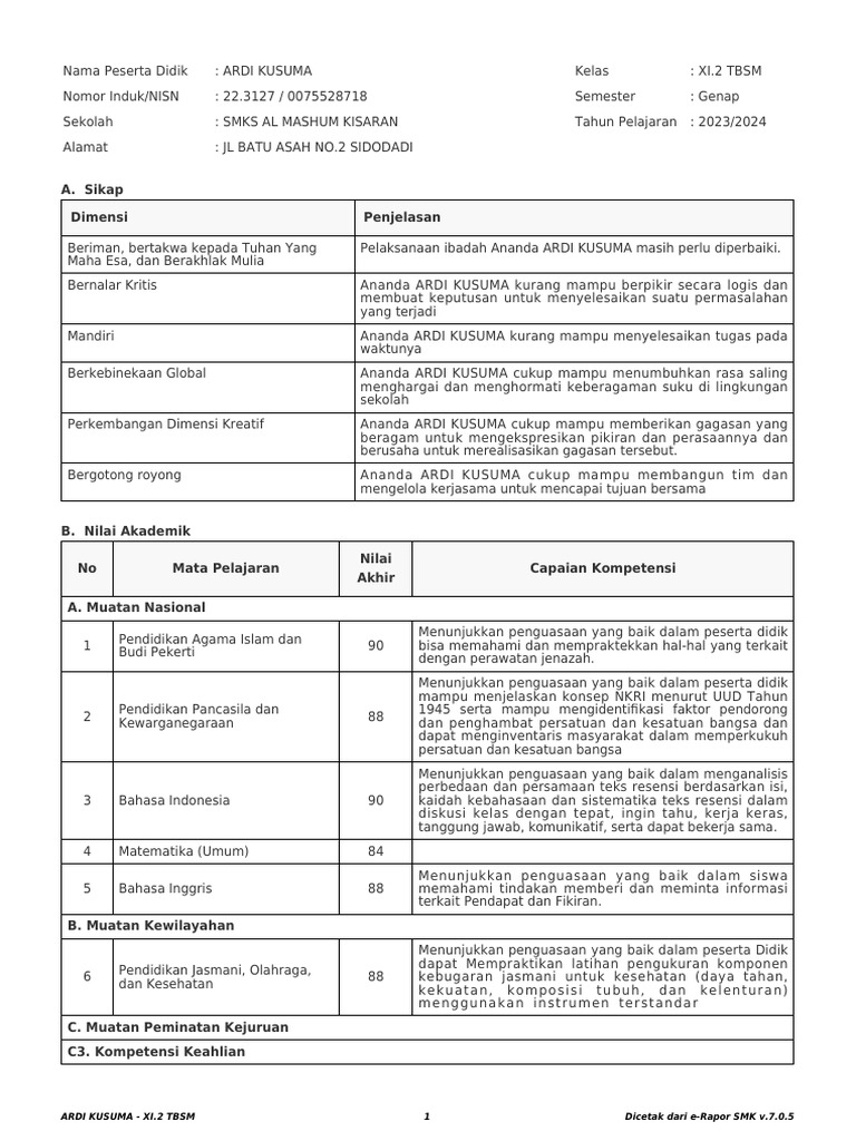 RAPOR ARDI KUSUMA - XI.2 TBSM | PDF