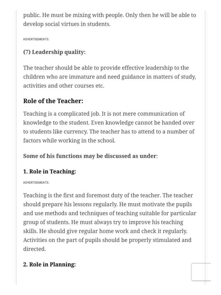 Essay On Teacher - Qualities, Roles and Responsibilities | PDF