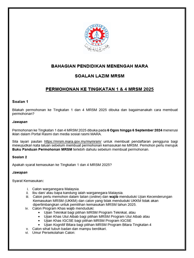 Faq Permohonan Mrsm 2025 Pdf