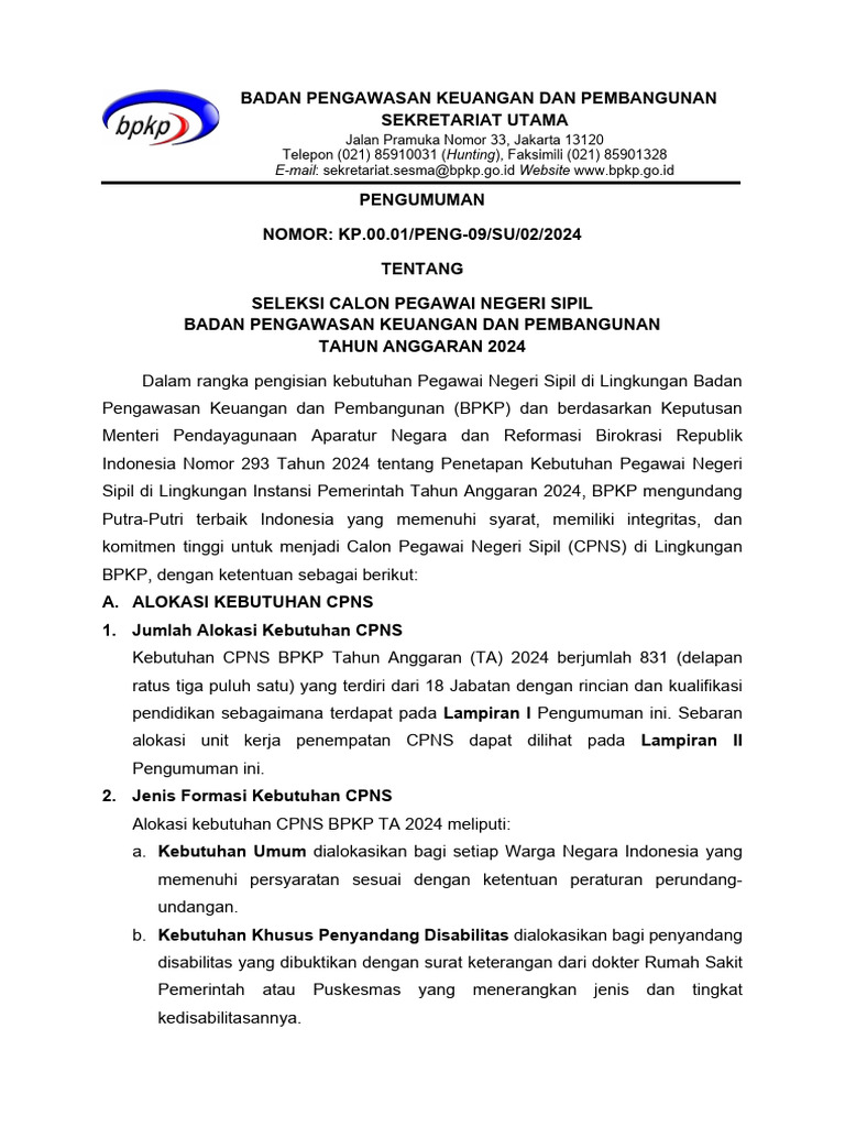Pengumuman CPNS BPKP 2024 | PDF