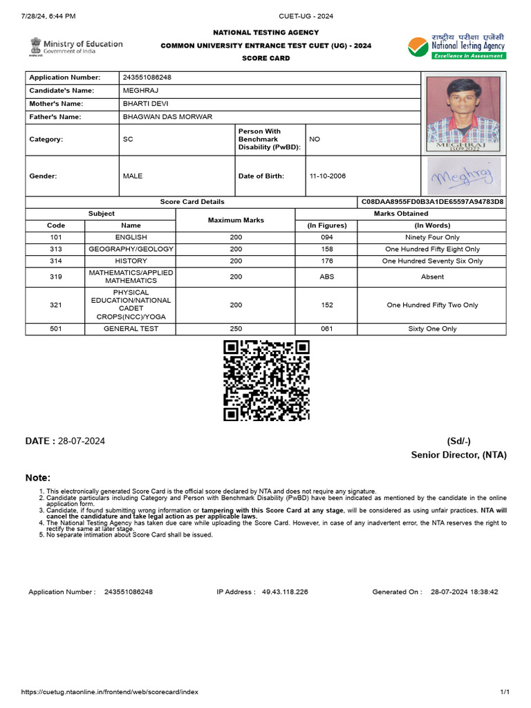 CUET-UG - 2024 Score Card | PDF