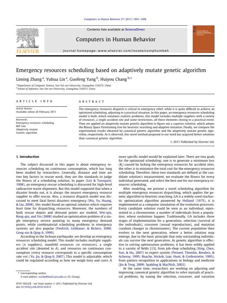 Emergency Resources Scheduling Based On Adaptively Mutate Genetic Algorithm | PDF