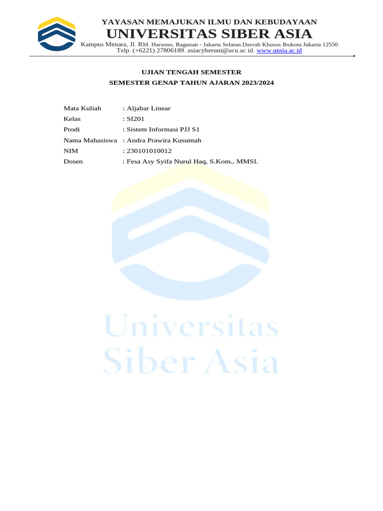 Soal UTS ALIN - FSA | PDF