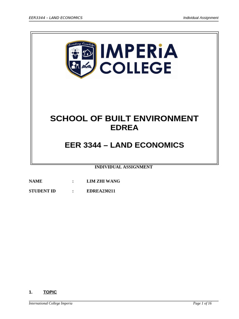 EER 3344 Land Economics Individual Assignment - LIM ZHI WANG | PDF