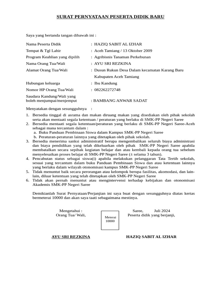 Surat Pernyataan Ortu Dan Siswa | PDF