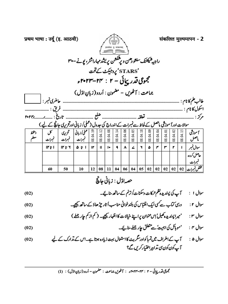Std8 Urdu QuePaper SCERTM2024 | PDF