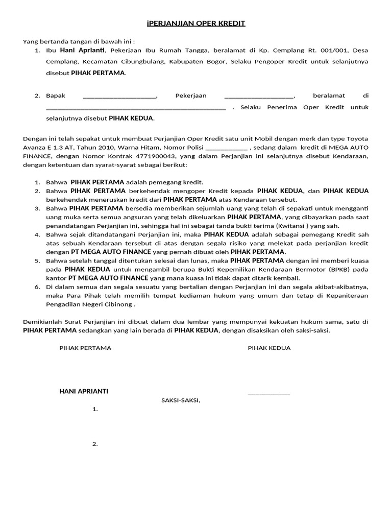 SURAT PERJANJIAN OVER KREDIT | PDF