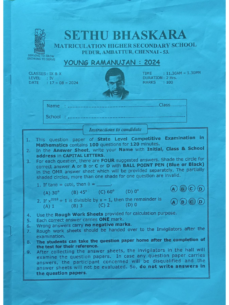 SBMHSS L-4 10th. Young Ramanujan Exam PDF | PDF
