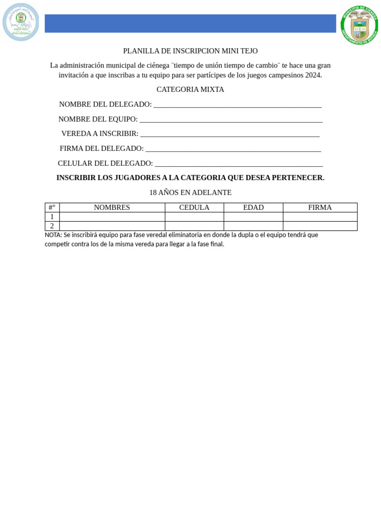 Planilla De Inscripcion Mini Tejo Pdf