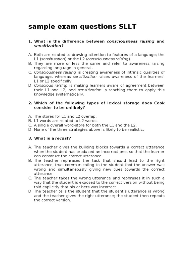 Sample Exam Questions SLLT | PDF | Second Language | Neuropsychology
