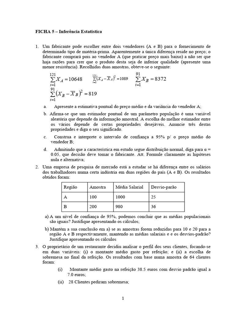 Ficha #4 Inferencia Estatistica | PDF