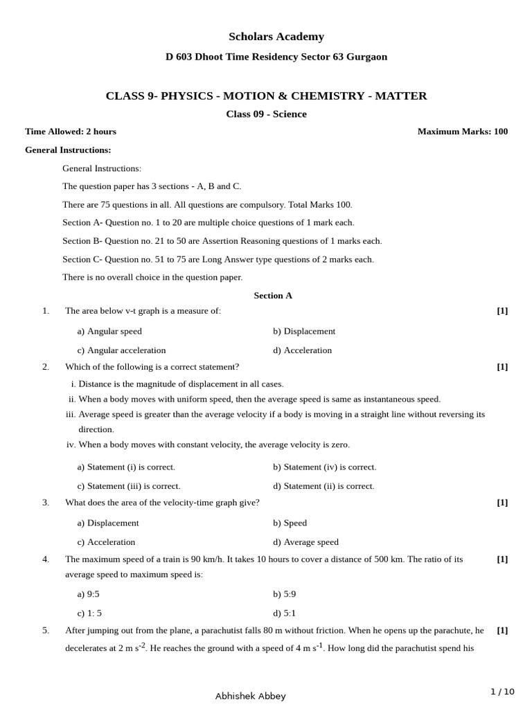 Class 9 Motion & Matter MCQ Test Series | PDF
