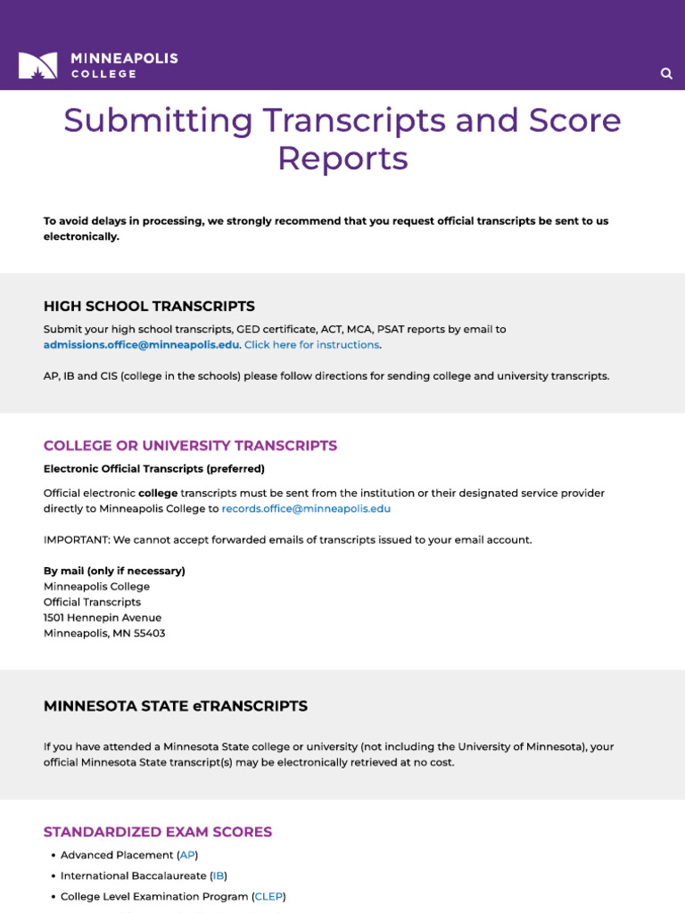 Submitting Transcripts and Score Reports Minneapolis Community & Technical College | PDF