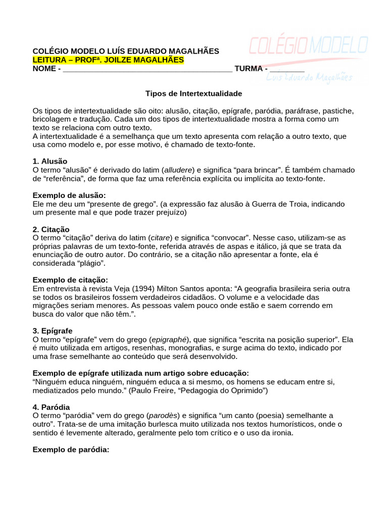 COMLEM - LEITURA - TIPOS DE INTERTEXTUALIDADE | PDF