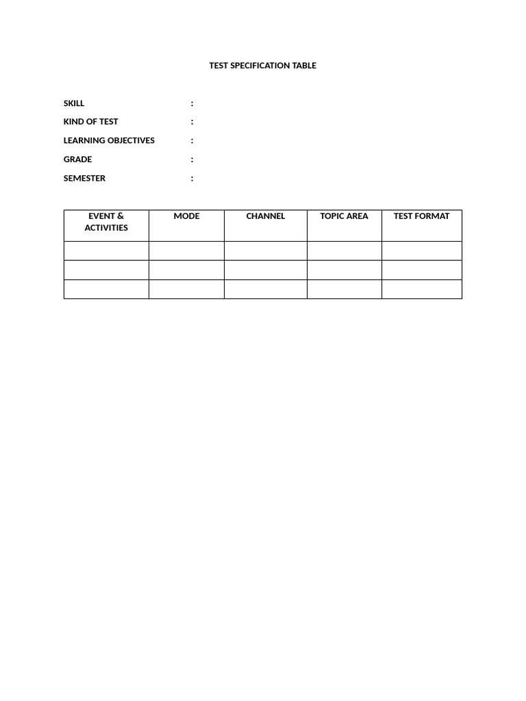 Test Specification Table Pdf