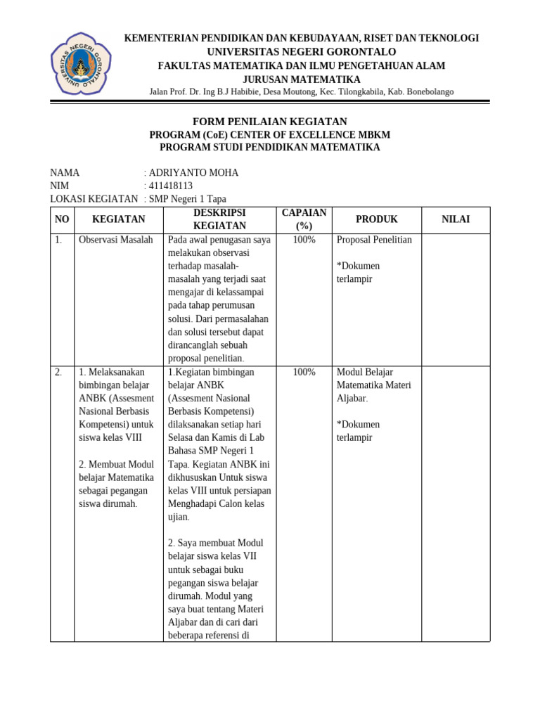 Form Penilaian Kegiatan DPL Adi | PDF