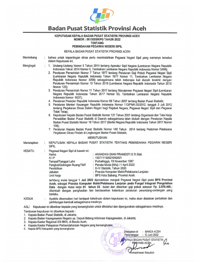 SK Pindah Bps Provinsi | PDF