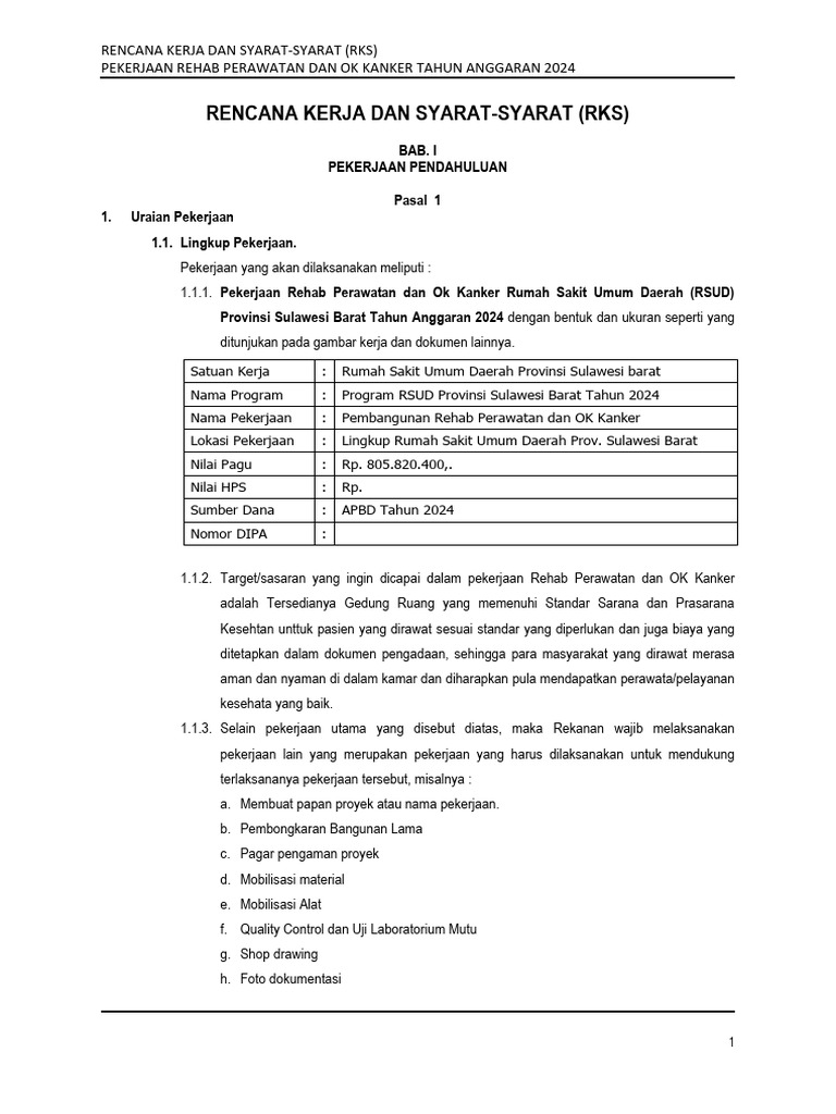 RKS Pekerjaan Rehab Perawatan Dan Ok Kanker | PDF
