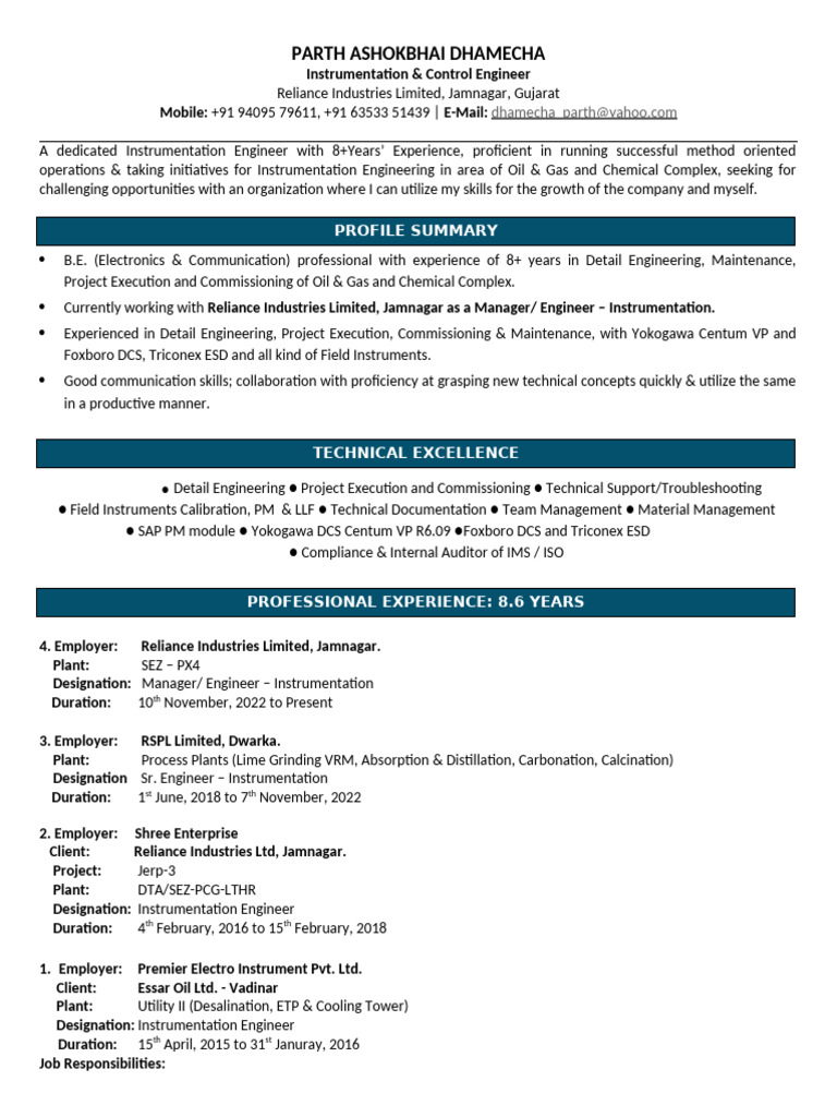 Parth Dhamecha--Instrument Resume 8 Years | PDF