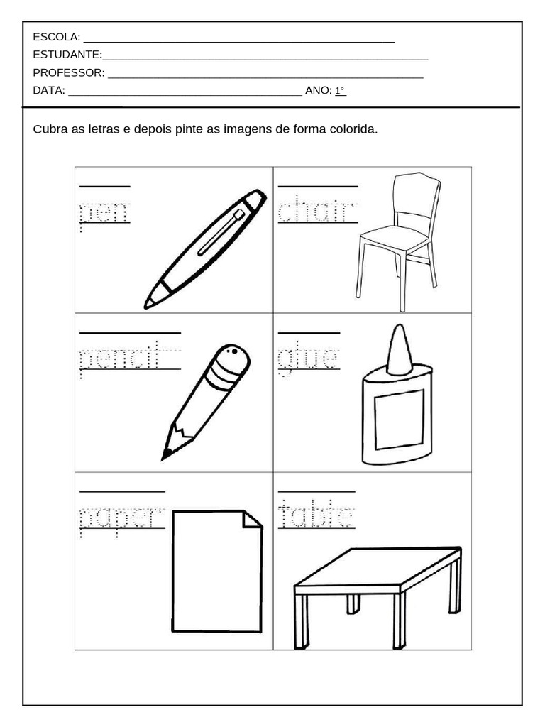 Atividade de Inglês School Objects | PDF