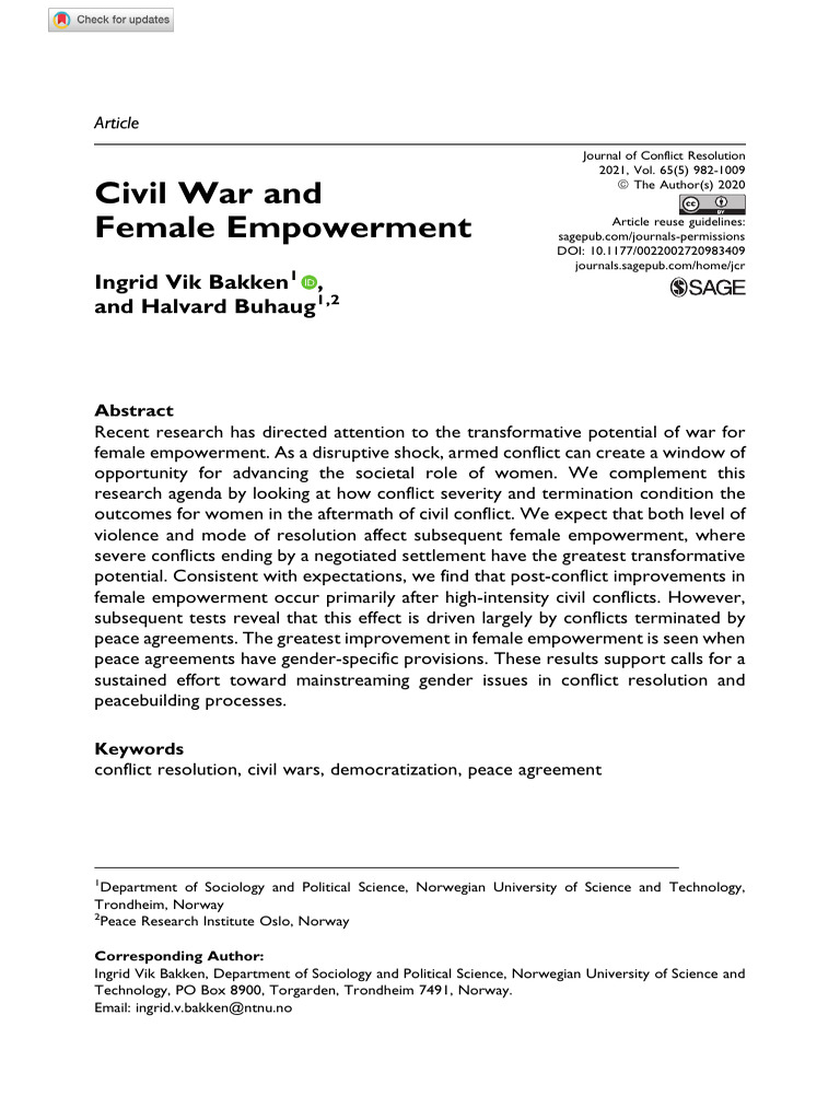 Civil War and Female Empowerment: Ingrid Vik Bakken, and Halvard Buhaug ...
