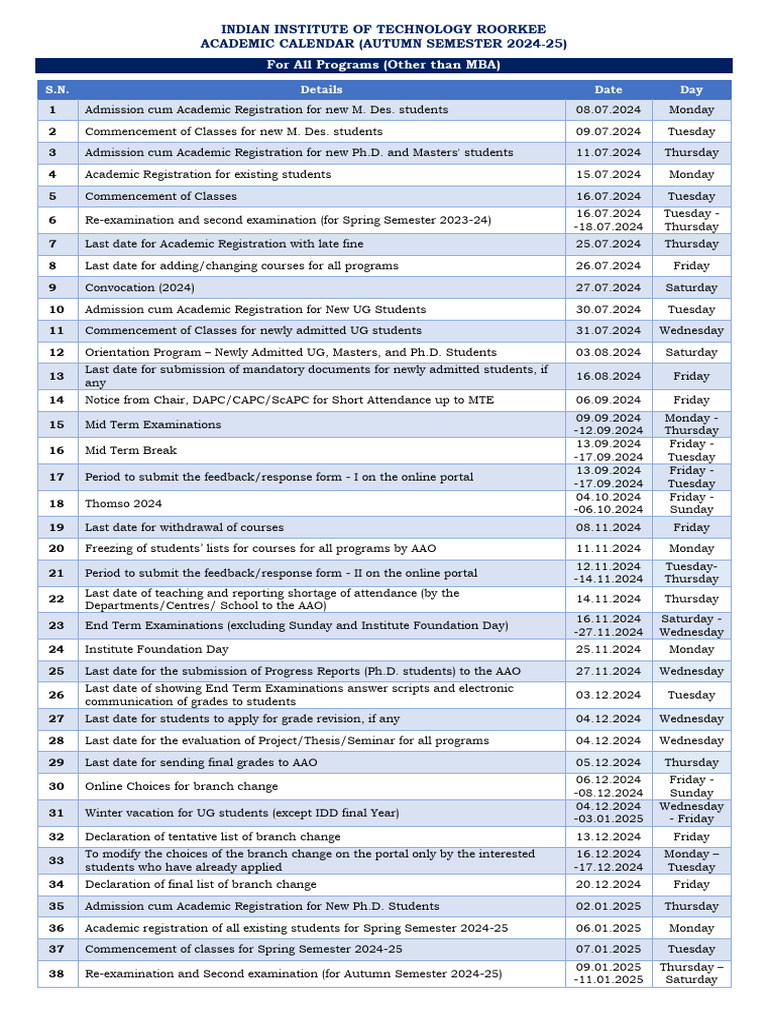 Academic Calendar - Autumn Semester 2024-25 | PDF