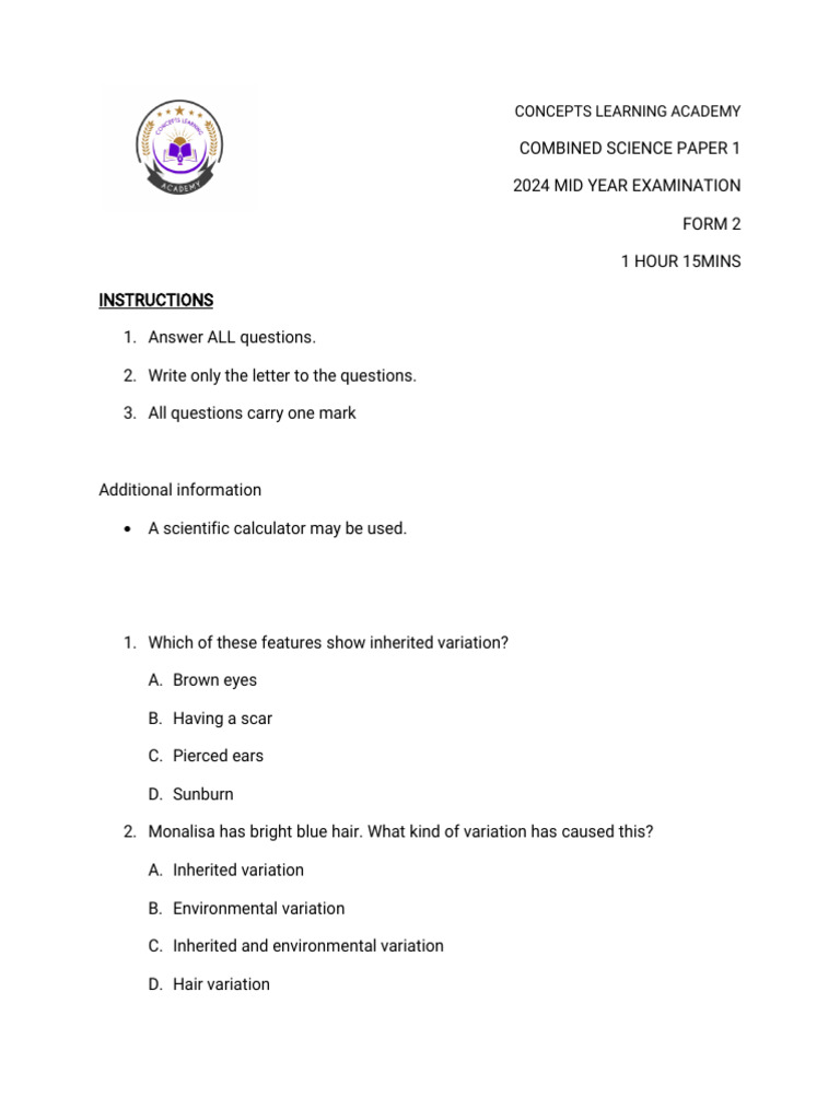 Combined Science Paper 1 | PDF