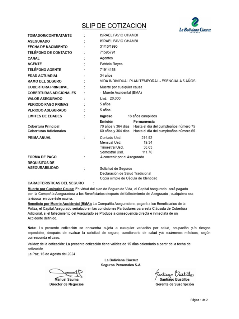 Slip Vida Esencial A 5 Años Israel Favio Chambi | PDF