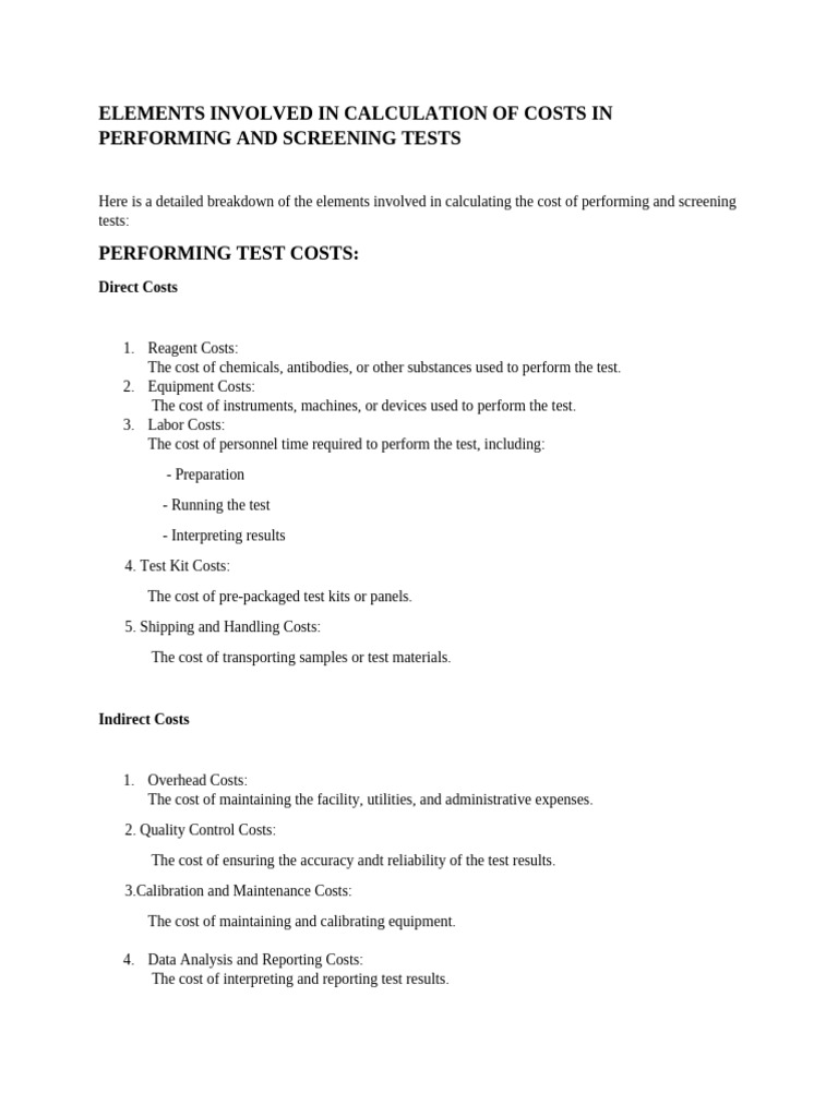 Elements involved in calculation of costs in performing and screening ...