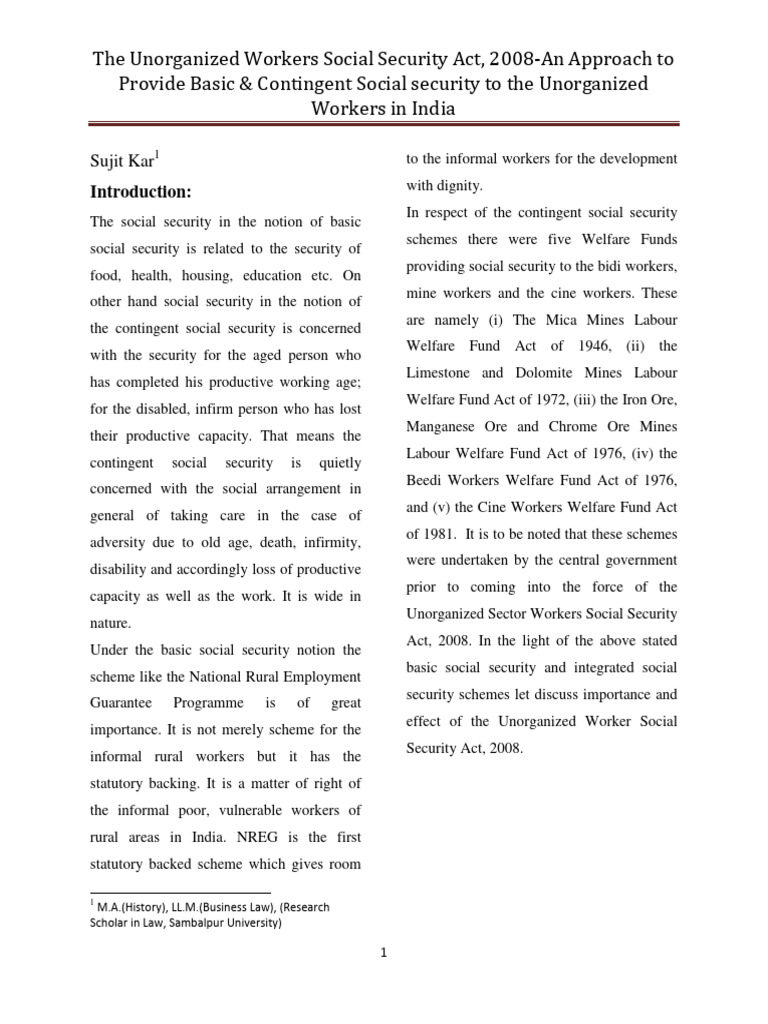 The Unorganized Workers Social Security | PDF