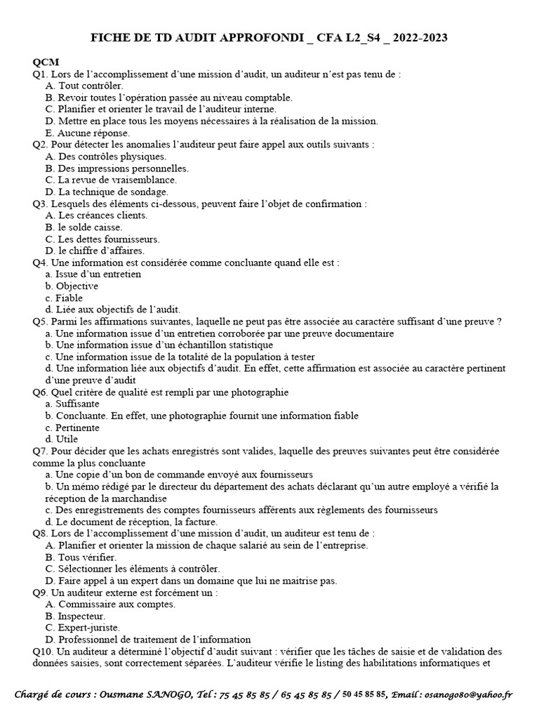Fiche 1 de TD_Audit approfondi_CFAL2_22-23 | PDF