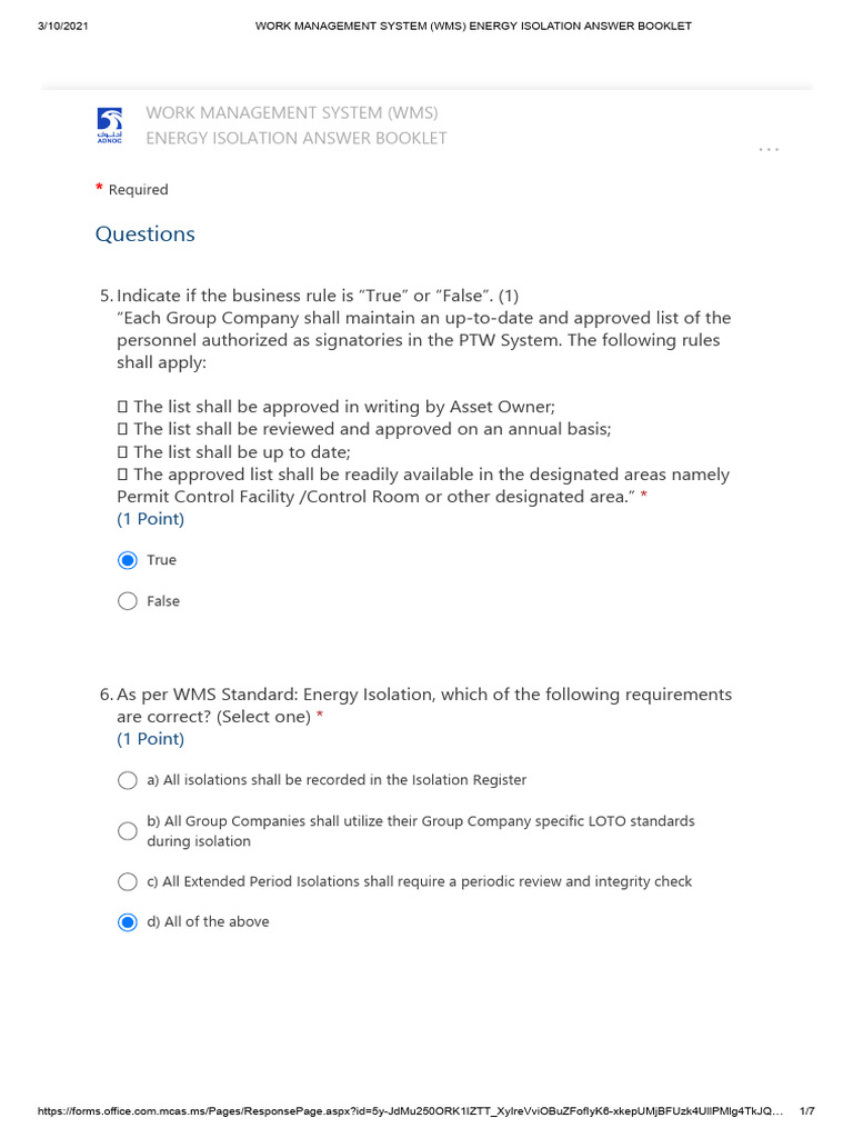Work Management System (WMS) Energy Isolation Answer Booklet | PDF