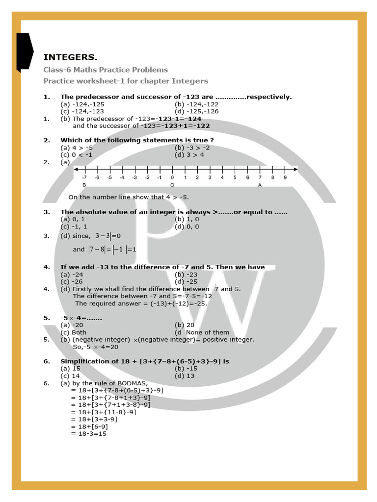 Integers.: Class-6 Maths Practice Problems Practice Worksheet-1 For ...