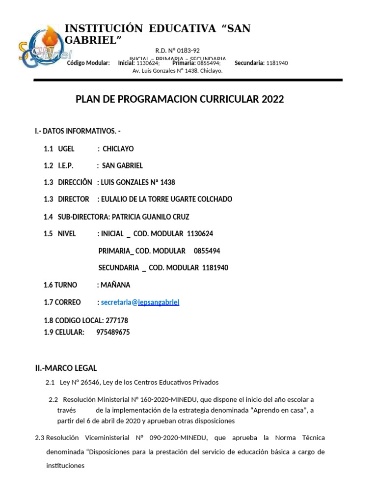 Plan de Programacion Curricular 2022 | PDF