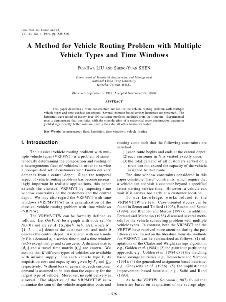 1998 - A Method For VRP With Multiple Vehicle Types and TW | PDF ...