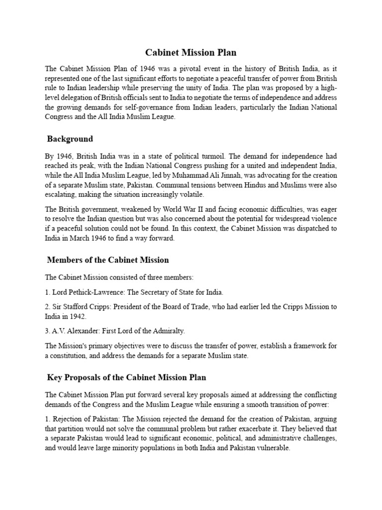 Cabinet Mission Plan | PDF