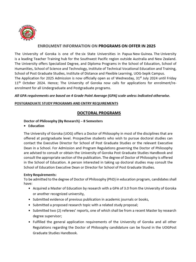UOG Programs On Offer and Entry Requirements | PDF