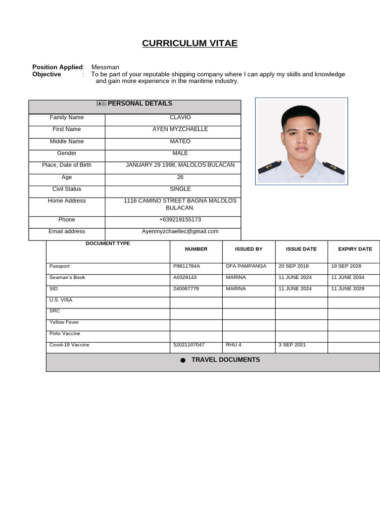Seafarer - Resume - CV 1 Without Sea Service | PDF | Vaccination ...